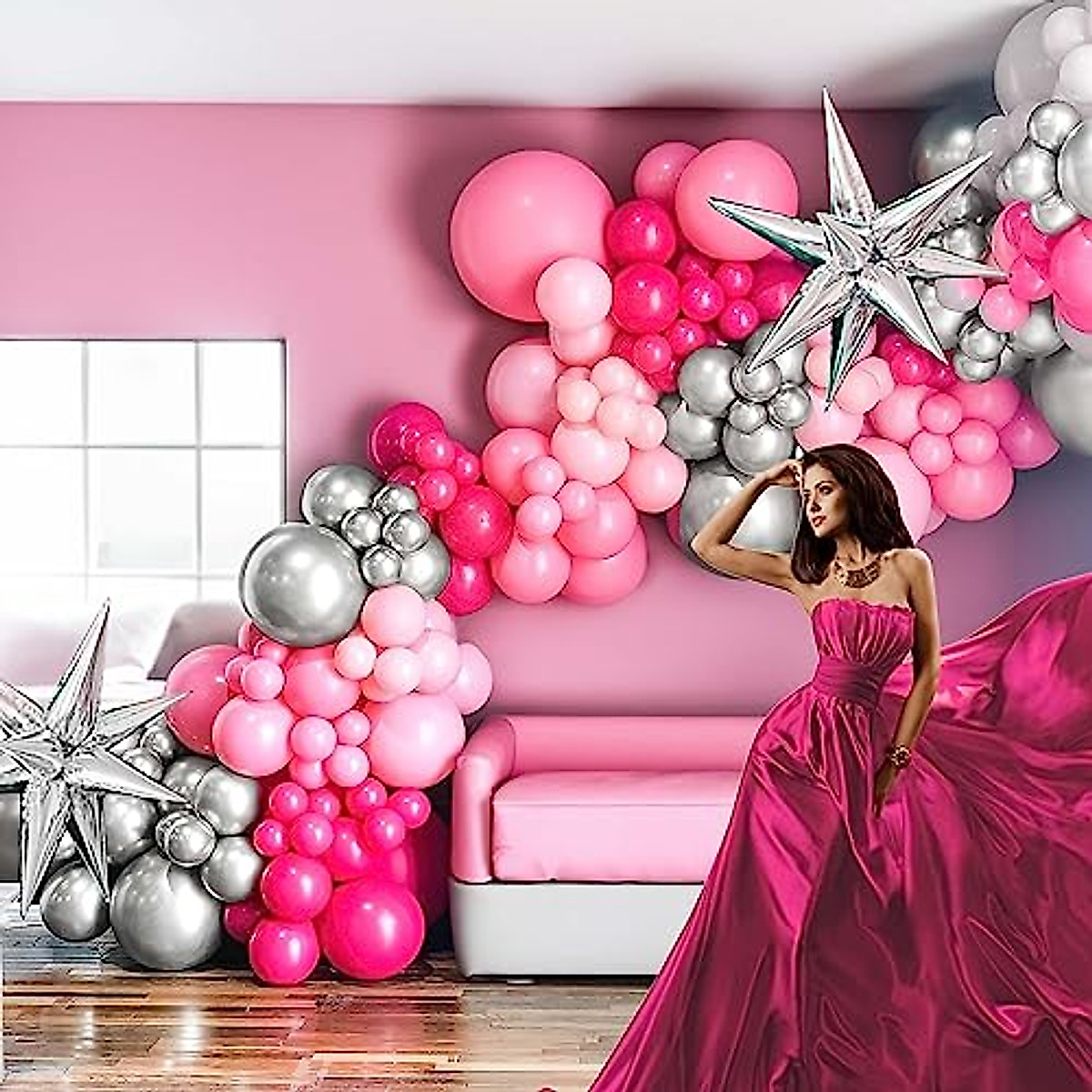 Kozee Hot Pink Silver Balloon garland arch kit 160PCS Pastel Pink and silver Starburst balloons for girl's 15/16/30th Birthday Princess Party Decorations
