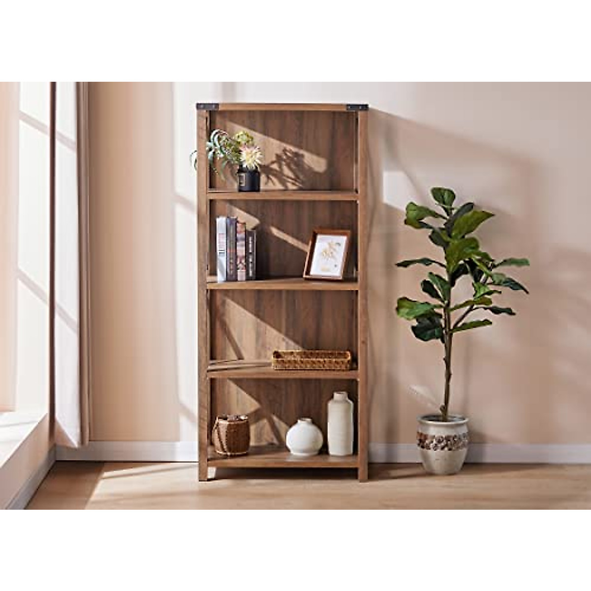 AMERLIFE 4-Tier Bookshelf, Tall Industrial Book Shelf, Rustic Wood & Metal X Frame Farmhouse Bookcase & Bookshelves for Living Room, Bedroom, Barn Wood