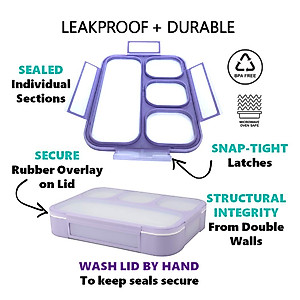 kinsho Bento Lunch Box for Kids Lunch-Boxes for Women Adults Girls Boys | Leakproof Snack Containers for Toddlers Tweens Pre-School Lunches BPA Free | Purple, 4 compartments