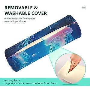 xigua Blue Jellyfish Neck Roll Pillow for Neck Relief with Removable Washable Cover - Memory Foam Round Cylinder Bolster, Ergonomically Designed for Head, Neck, Back, and Legs
