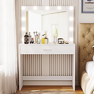 Rovaurx Vanity Table with Large Lighted Mirror, Makeup Vanity Dressing Table with Drawer, Bedroom Dressing Desk for Women, 11 LED Light Bulbs & Adjustable Brightness, White RSZT105W