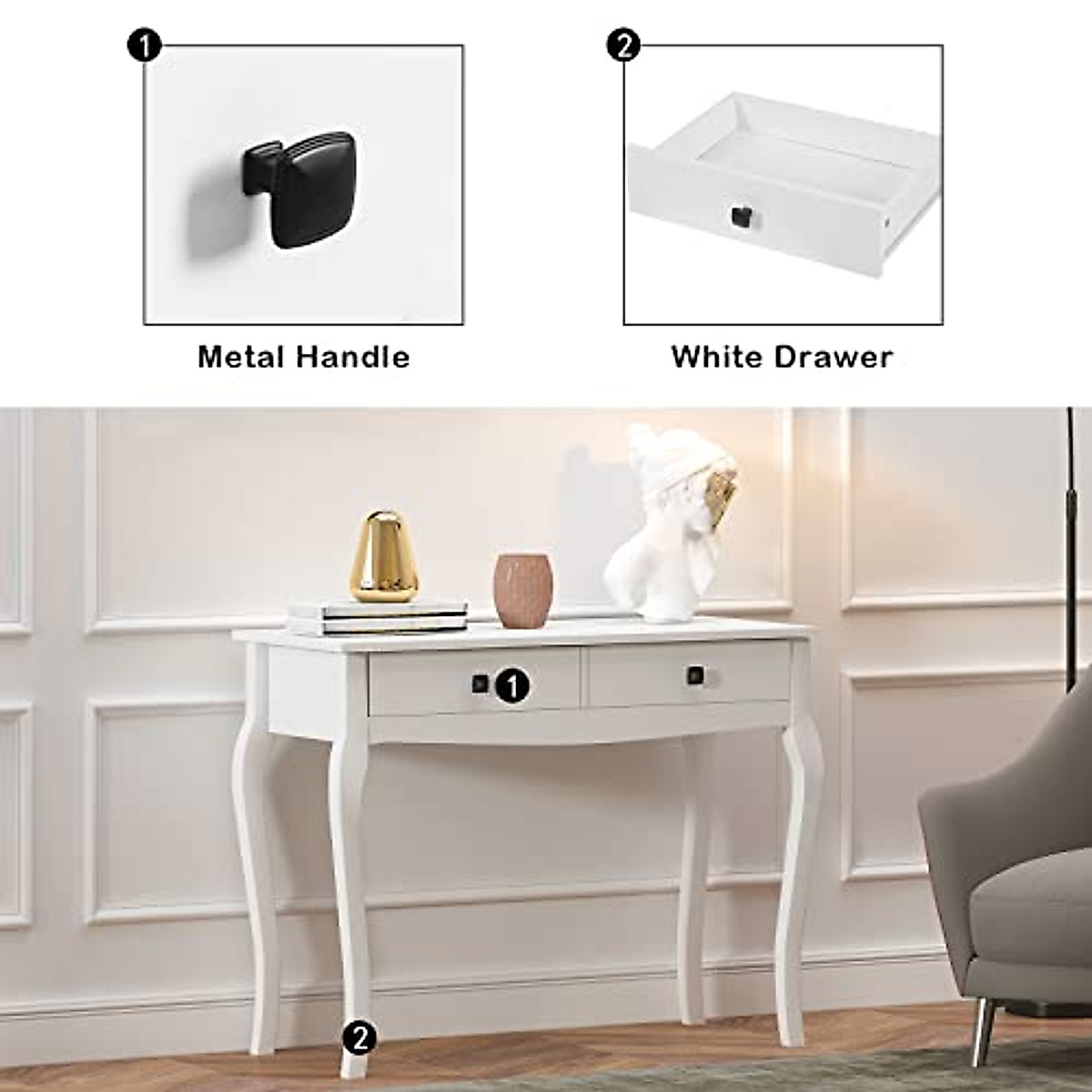 sogesfurniture White Vanity Desk with 2 Drawers, Home Office Desk Vintage Makeup Vanity Table, Curved Legs Writing Desk, Entryway Console Table for Bedroom, Entryway, Home Office