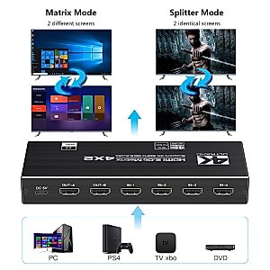 ZPTEK 4K HDMI Matrix Switch 4 X 2,4 in 2 Out Video Switcher Splitter, Optical and LR Audio Outputwith IR Remote Controller,Support 4K@60Hz 3D 18.5Gbps x 3 Data Rate, HDMI 2.0b, HDCP 2.2, MH42-C1