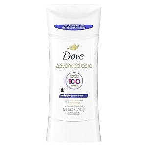 Dove Advanced Care Antiperspirant Deodorant Stick Sheer Fresh Anti-stain antiperspirant deodorant for soft underarms 72-hour underarm odor protection and all-day sweat control 2.6 oz