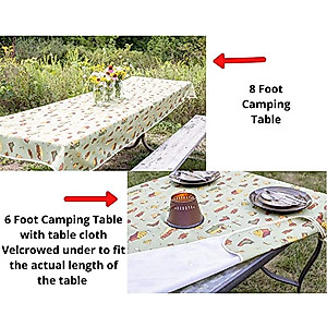 FoxCarr RV and Camping Table Cloth Will fit a 6ft or 8ft Picnic Table. Made of Polyester. This Camping Tablecloth is Washable. This Camping Accessories is for Outdoor Table Cover Product Name
