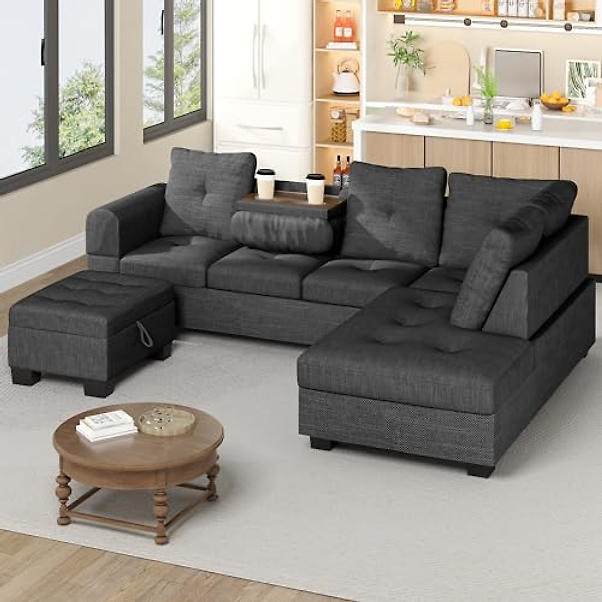 AWQM Modular Sectional Sofa with Ottoman, Fabric L-Shaped Couch with Chaise & Cup Holders, Living Room Furniture Sets Sectional Sofa Set, 6 Seat Corner Couch Sofa for Living Room, Apartment