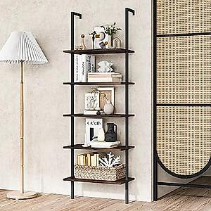 Tangkula 5-Tier Bookshelf, Modern Wall Mounted Ladder Shelf, 5 Tiers Wood Wall Open Bookcase with Metal Frame, Home Office Display Rack Storage Shelves for Collection, Plant Flower Stand (2, Brown)