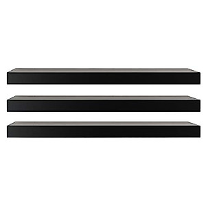 Kiera Grace Set of Three Maine Simple & Classic Decorative Engineered Wood Floating Wall Shelves for Home, Room, & Office, 24" L x 4.75" W x 3" H, Black