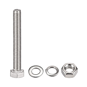 uxcell M6 x 50mm Hex Head Screws Bolts, Nuts, Flat & Lock Washers Kits, 304 Stainless Steel Fully Thread Hexagon Bolts 6 Sets