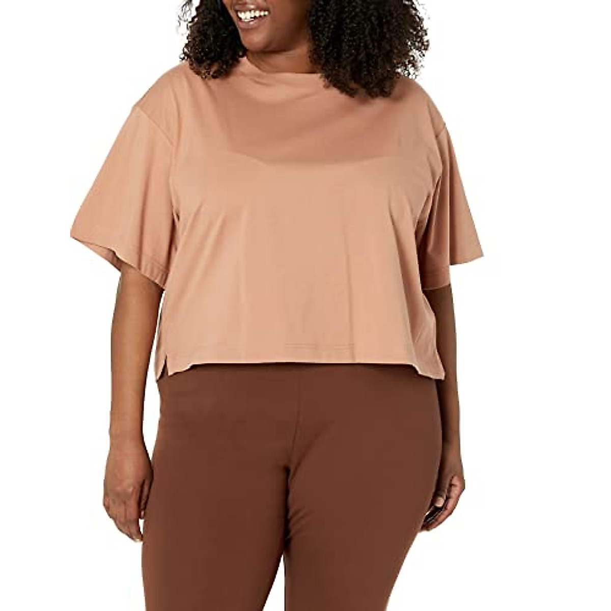 Amazon Essentials Women's Organic Cotton Drop Shoulder Relaxed Boxy Short-Sleeve T-Shirt (Available in Plus Size), Light Brown, Large