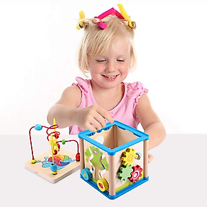 DalosDream Wooden Activity Cube with Bead Maze - 6 in 1 Multipurpose Educational Wood Shape Color Sorter Toy for Toddlers, Activity Center for Kids (6 in 1)