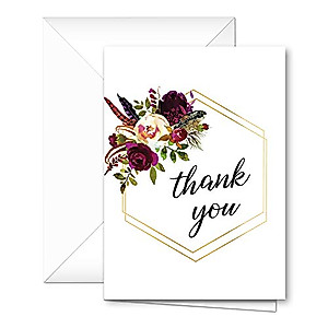 Fall Floral Thank You Notes / 24 Appreciation Cards And White Envelopes / 4 Thanks Flower Frame Note Card Designs / 3 1/2" x 4 7/8" Thank You Greeting Cards/Made In The USA