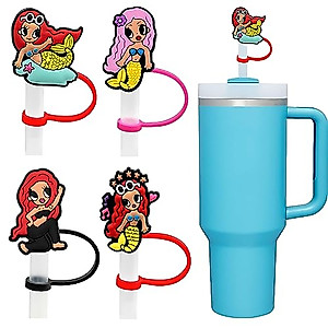 Amreich Straw Cover,4 PCs Straw Topper for Stanley Cup 30oz & 40oz Tumbler with Handle, Mermaid Design Silicon Straw Cap for 10mm Straws Reuseable Drink Straw Tips Lids Dust-proof Straw Accessories