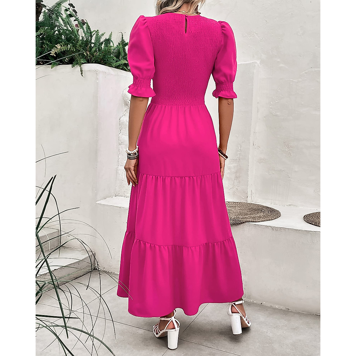 BTFBM Women Casual Summer Dresses 2024 Spring Crew Neck Ruffle Short Sleeve Floral Print Smocked Boho Flowy Maxi Dress(Solid Rose Red, Small)