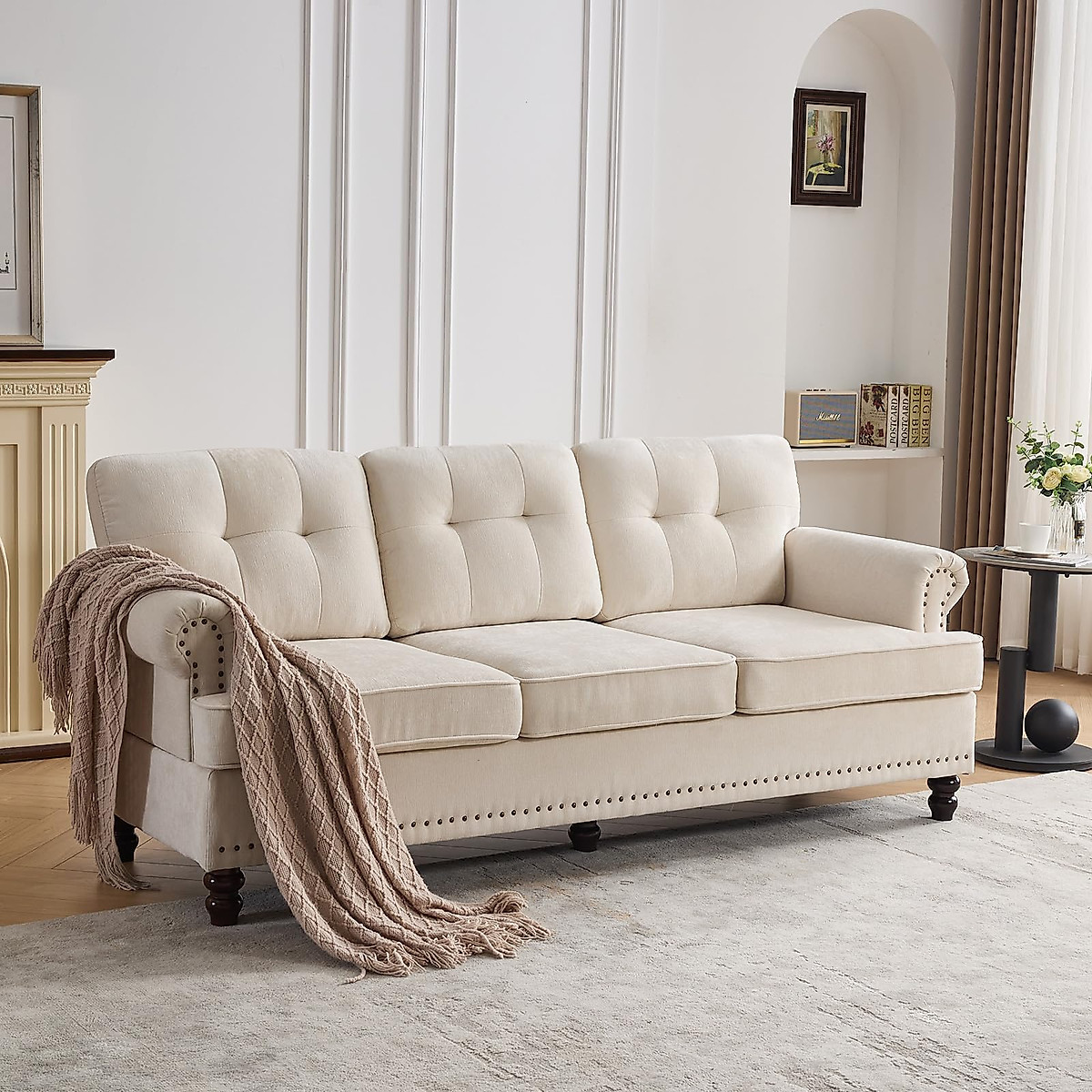 Tufted 3 Seater Sofa Couch, Rolled Arms Mid Century Modern Sofa, Home Sofa Living Room with Rivets, and Solid Wood Legs, Modern couches for Living Room, Bedroom, Guestroom, Apartment, Beige