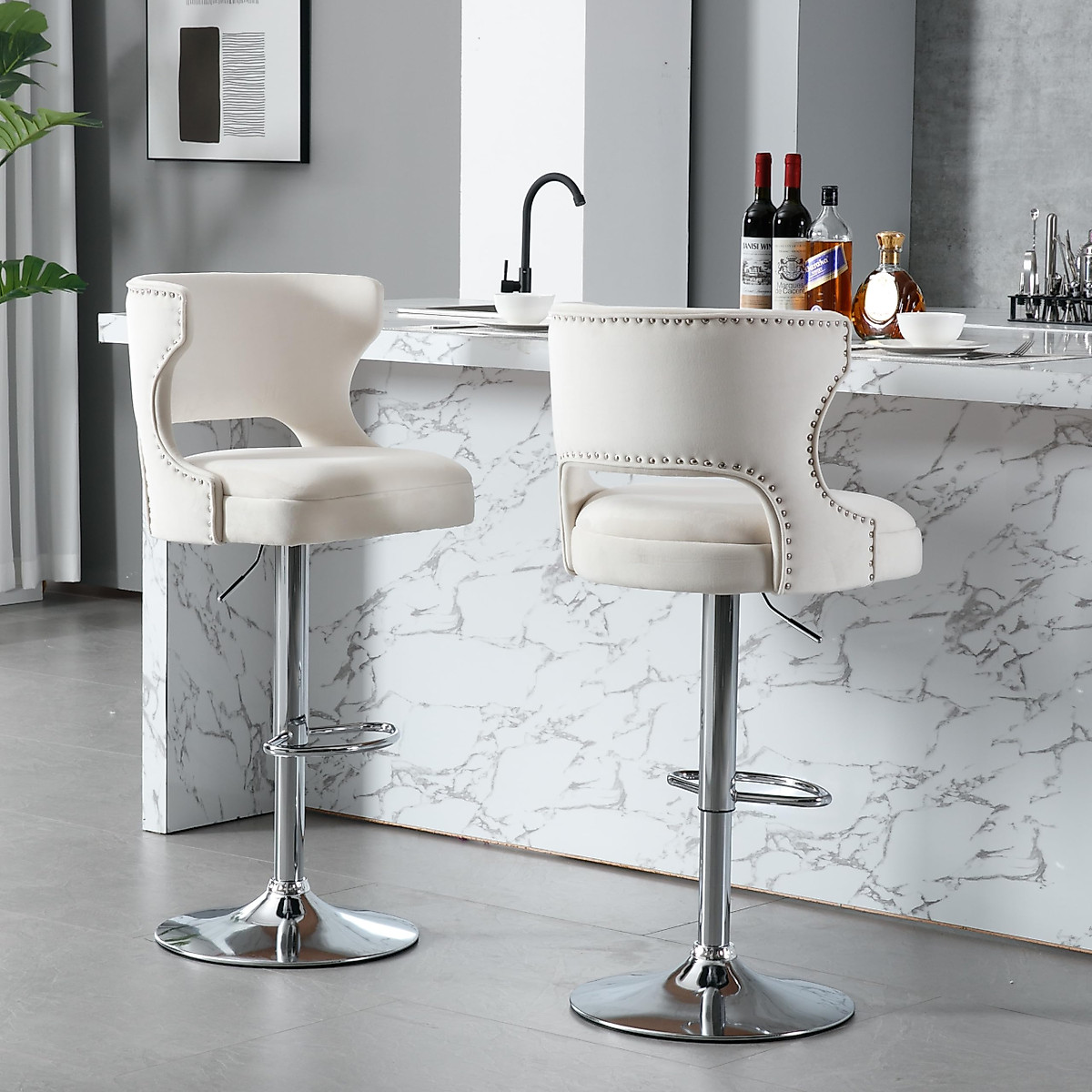 ABET Adjustable Bar Stools Set of 2, Velvet Swivel Counter Barstools with Hollow Back Footrest Soft Upholstered Bar Chairs for Kitchen Island Dining Room Home Bar Bistro, Beige, Chrome Base