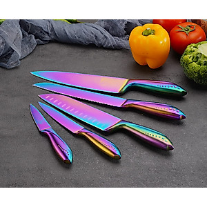 Hollory Rainbow Kitchen Knife Set 5 Piece, Super Sharp German Stainless Steel Blade with 8 in Chef, 8 in Bread, 7 in Santoku, 5 in Utility, 3.5 in Paring - Gift Box