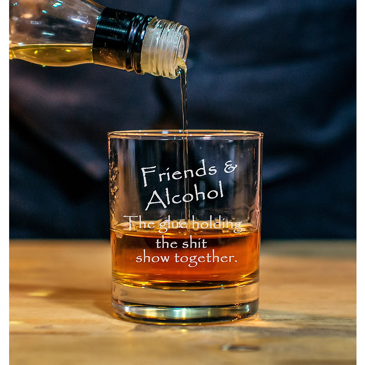 CARVELITA Friends & Alcohol The Glue Holding This Shit Show Together Engraved Whiskey Glass - 11oz Engraved Old Fashioned Rocks Glass - Sarcastic Gifts For Best Friends - Perfect Party Decoration Idea