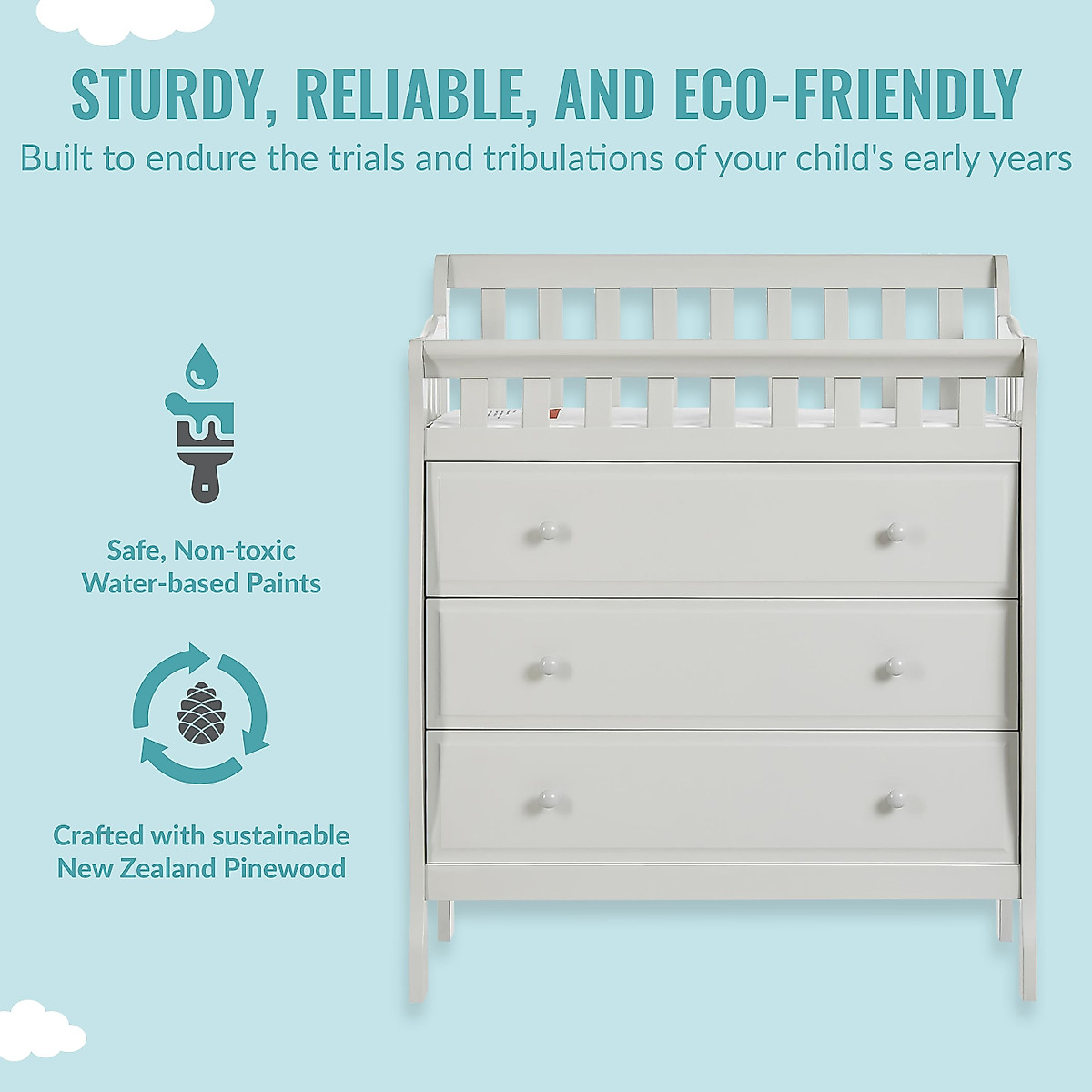 Dream On Me Marcus Changing Table And Dresser In Grey, Features Three Spacious Drawers, Non-Toxic Finishes, Comes With 1" Changing Pad, Made Of Solid Wood