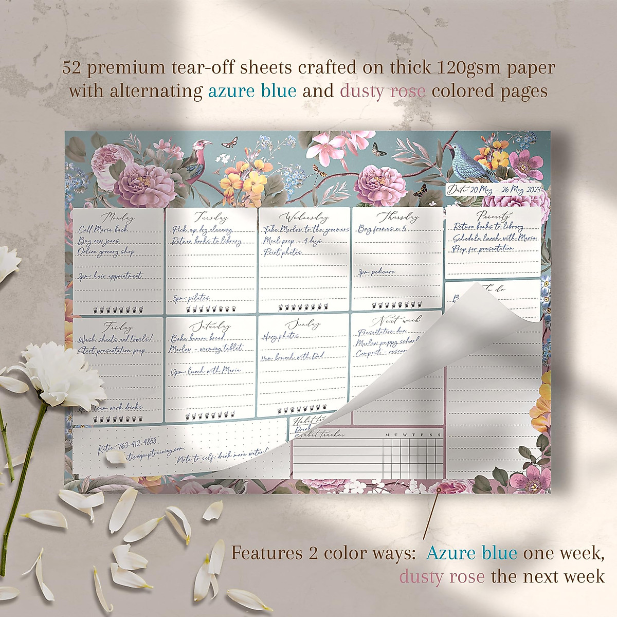 Peachly Weekly Tear Off Planner Pad - 52 Pages Desk Notepad with To Do List, Water Tracker and Habit Tracker 8.5 x 11 inches - Peony