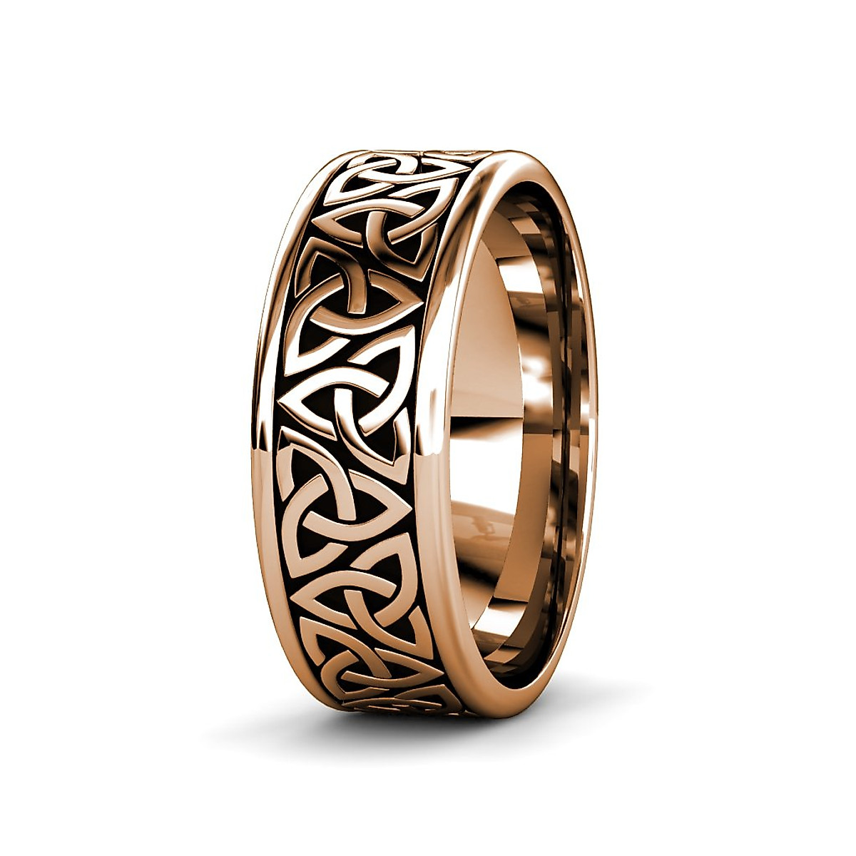 High Polish 7mm Black Rhodium Plated Flat Celtic Trinity Knot Unisex Wedding Band 14K Rose Gold.Size 13.0