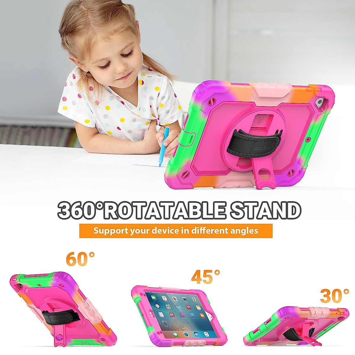 SEYMAC for iPad Mini 5/4 Case, 7.9 Inch, Sturdy Heavy Duty Shockproof Full-Body Protective Case with Screen Protector, Rotating Stand, Hand/Shoulder Strap, Camo/Pink