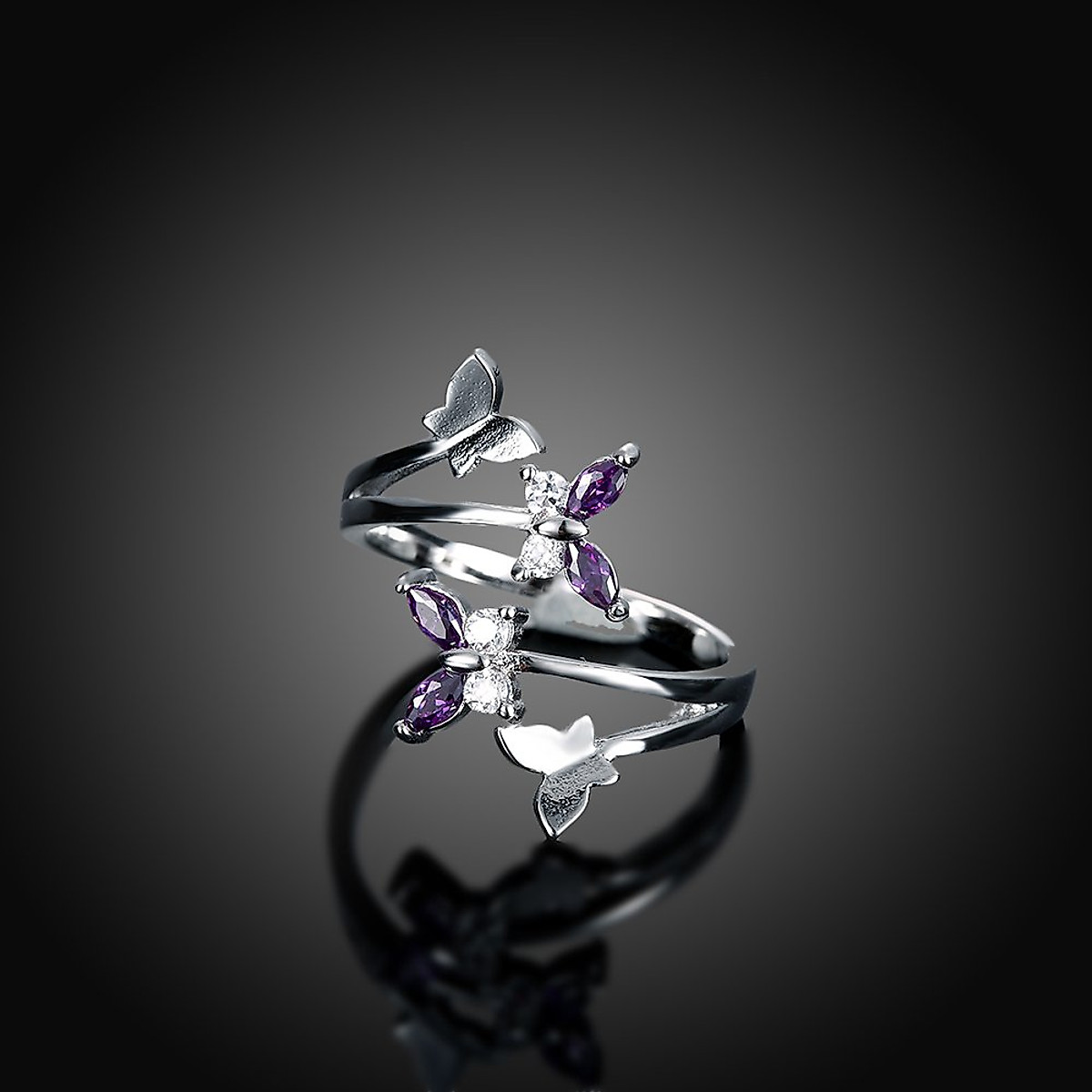 MAIHAO Women's Adjustable Size 925 Sterling Silver Butterfly White Birthstone CZ Butterfly Shape Purple Austrian Crystals Rings