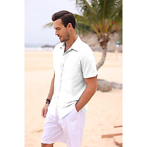 Pengfei Men's Short Sleeve Shirt Linen Cotton Button Down Tees Spread Collar Plain, White, Large