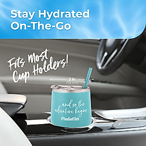 and So The Adventure Begins - Personalized Insulated Wine Tumbler with Lid – Stainless Steel Insulated Travel Mug with Straw – Graduation, Promotion, Going Away, Job Change, Teacher - Adventure Awaits