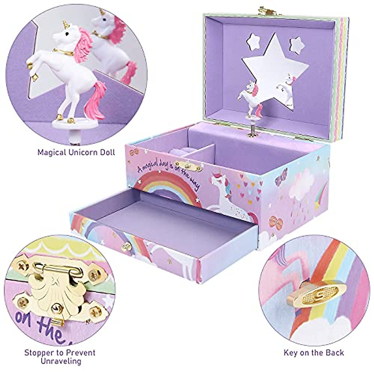 Girls Unicorn Musical Jewelry Box with Unicorn Charm Bracelet, Glitter Star and Rainbow Design, Unicorn Gifts for Girls Ages 3+
