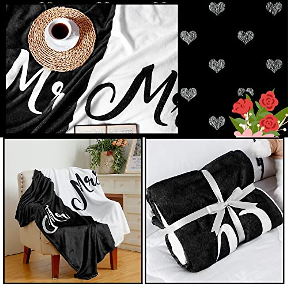 Redbaker Mr and Mrs Black and White Stitching Blanket Honeymoon Just Married Blanket Bride and Groom Gift Wedding Blanket for Couples Summer Air Conditioning Room Christmas Valentine's Day Gift