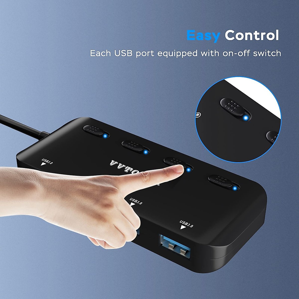 USB 3.0 Hub Splitter, 4-Port USB Extender Hub for Laptop, VVTOYER Multi USB Port Expander Adapter with Individual Power Switches