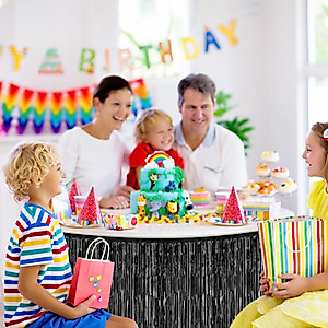 Bouiexye 2 Pack 29.5x108 Inch Black Foil Tinsel Fringe Table Skirts, Disposable Table Skirts for Rectangle Tables Curtains Backdrop Parade Wedding Floats Baby Shower Birthday Mardi Gras Party