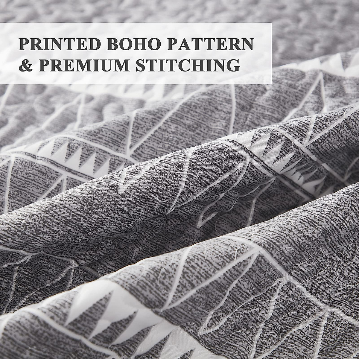 Andency Grey Quilt Set Queen (90x96 Inch), 3 Pieces(1 Striped Triangle Printed Quilt and 2 Pillowcases), Bohemian Summer Lightweight Reversible Microfiber Bedspread Coverlet Sets