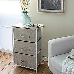 Simplify 3 Tier Vertical Storage Chest | Dresser | Nightstand | Fabric Drawers | Sturdy Steel Frame | Organizer | Bedroom | Closet | Easy to Assemble | Beige