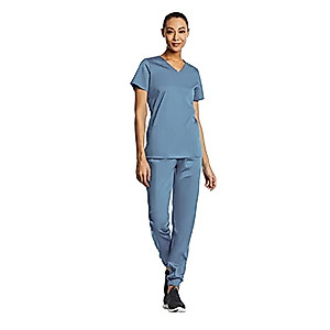V-Neck Jogger Scrubs for Women Set 7 Pocket 4-Way Stretch Elements EL9935 (Ceil Blue, Medium)