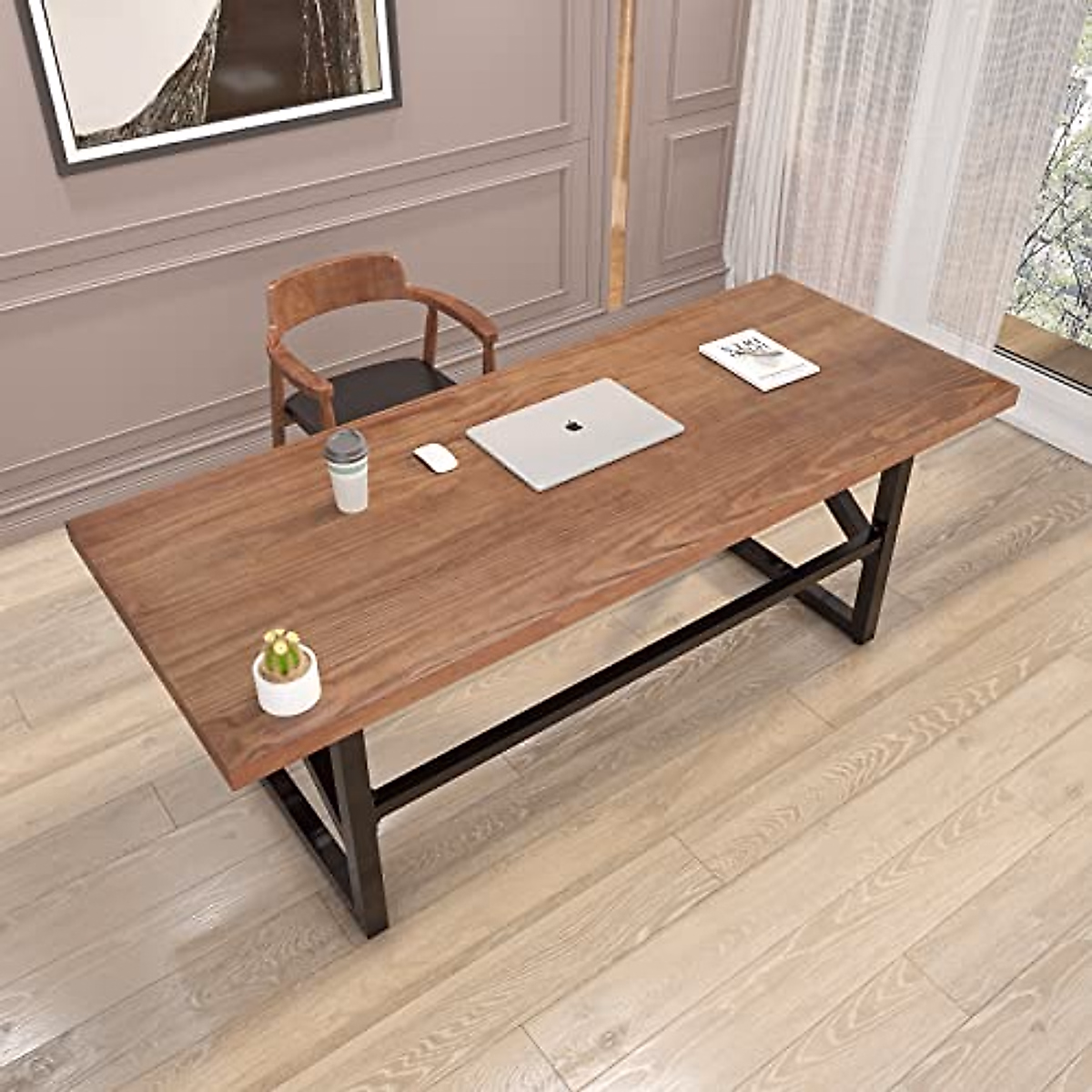 MTMFURFS Solid Wood Desk for Home Office desks Office Table with Extra Thick 1.96" Standing Desk Natural Furniture Simple Study Workstation Brown, 55" D x 27" W x 29" H