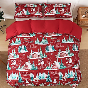 Dobuyly Christmas Duvet Cover Set Queen Size Christmas Tree Reindeer Snowman Pattern Duvet Cover with 2 Pillowcases Soft Microfiber Red Bedding Set for Holiday New Year Gift(3Pcs, 90"x90")