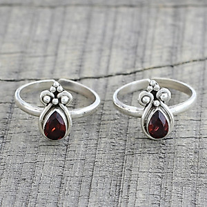 NOVICA Artisan Handmade Garnet Toe Rings Teardrop 925 Silver from India Sterling Red Birthstone 'Scarlet Drops'(Pair)