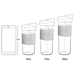 COMI Glass Travel Coffee Tumbler, Smoothie Cup Travel Dual-use Glass Coffee Cups with Lids Coffee Travel Cup with straw - 12 oz - Ash Grey