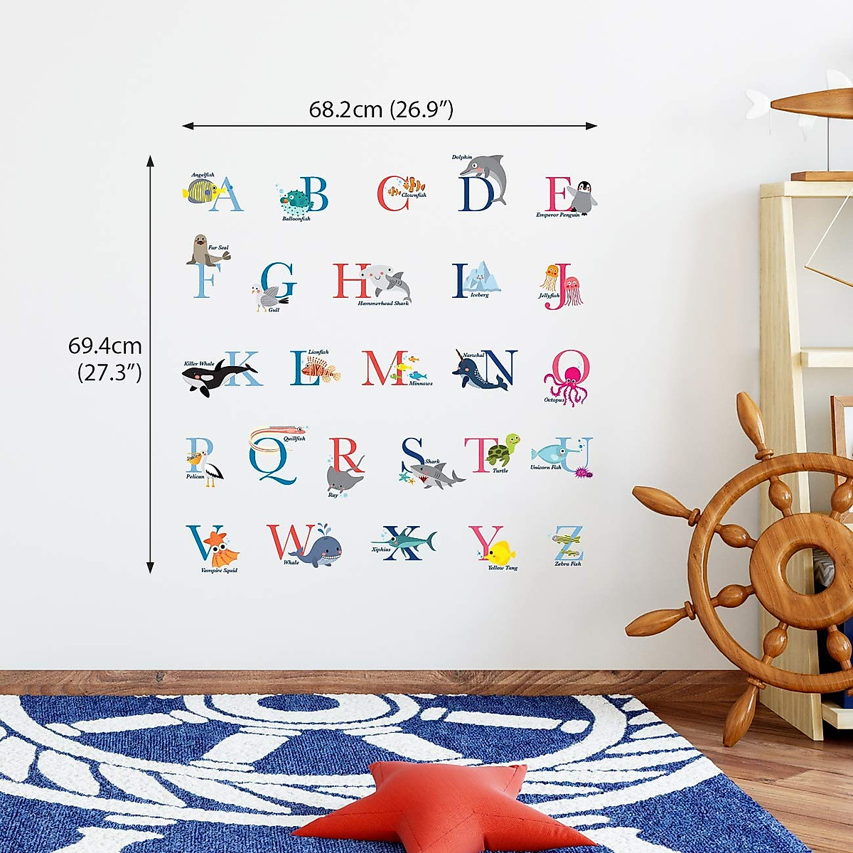 DECOWALL DS-8040 A-Z Ocean Alphabet Kids Wall Stickers Wall Decals Peel and Stick Removable Wall Stickers for Kids Nursery Bedroom Living Room (Small) d?cor