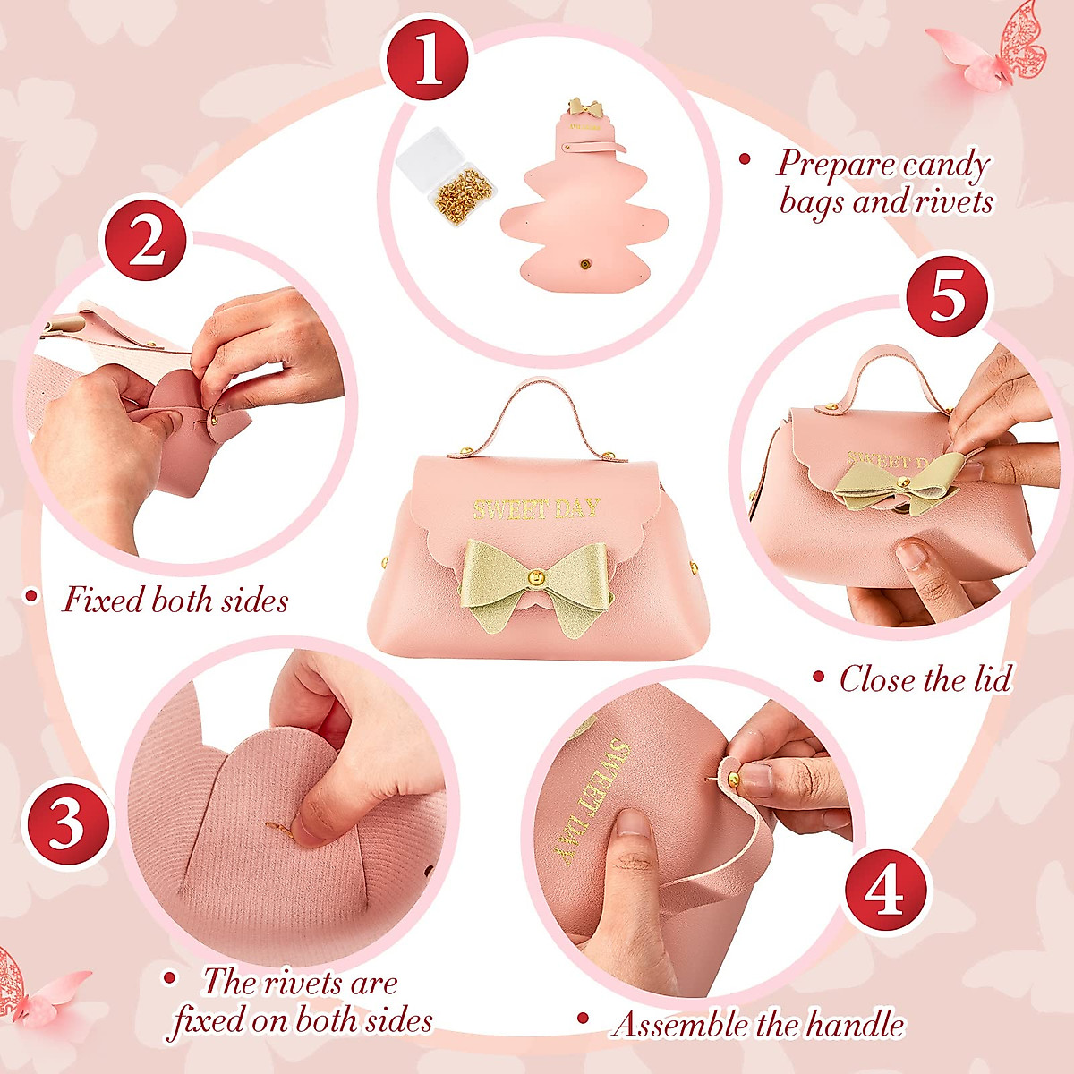 Dandat 24 Pcs PU Leather Bowknot Gift Boxes 5x3 Inch Reusable Candy Gift Favor Boxes with Bow Mini Bowknot Handbag Purse Gift Bags with Handles for Wedding Baby Shower Birthday Party Favor Bag (Pink)