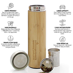 Teabloom All-Beverage Travel Tumbler – Large Capacity 17 oz / 500 ml – Insulated Thermos Mug – Eco-Friendly Bamboo – Hot and Cold Tea Infuser – Cold-Brew Coffee – Fruit-Infused Water – The Naturalist