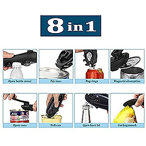 Can Opener Manual 8 in 1 Multifunctional Stainless Steel Bottle Opener with Smooth Edges Hand Held Kitchen Tool with Rotary Handle Gifts for Seniors Safe and Easy to Use （Black）
