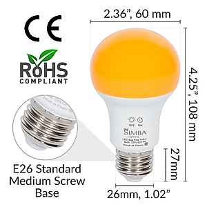 Simba Lighting Bug Non-Attracting Yellow LED Bulb 6W 40W Equivalent, Great for Outdoor Porch Light, Night Light, Dusk-to-Dawn Smart Sensor Auto On/Off, Amber Warm 2000K, A19 E26 Medium Base, Pack of 2