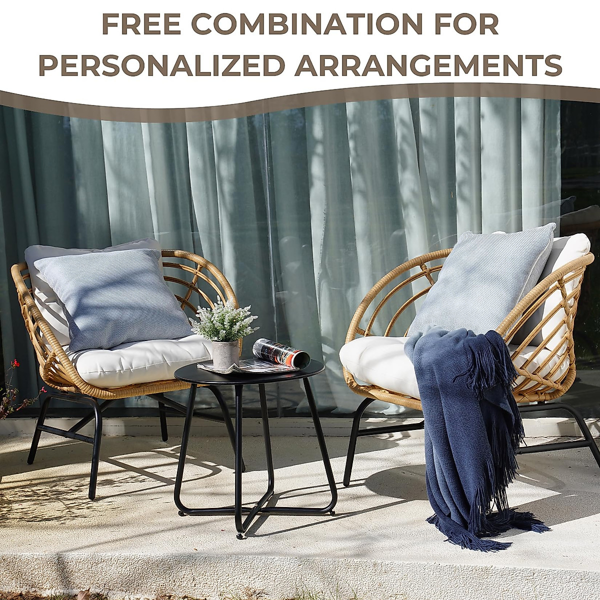 Grand patio 3-Piece Patio Set, Boho Outdoor Furniture Set with Beige Thick Cushions, Wicker Sofa Set with Patio Coffee Table, Bistro Set for Backyard, Balcony, Garden