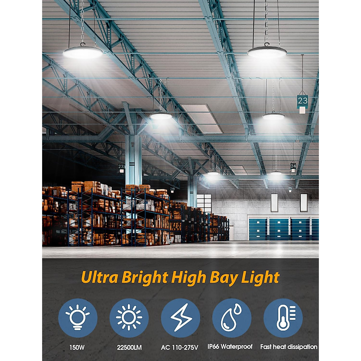 UFO LED High Bay Light,150W 4Pack 22500LM,Shop Lights,IP66 Waterproof Lights for Workshop, Warehouse, Barn,Garage, Factory, Gym, Industrial Lighting, Commercial Lights,6500K Daylight,with US Plug