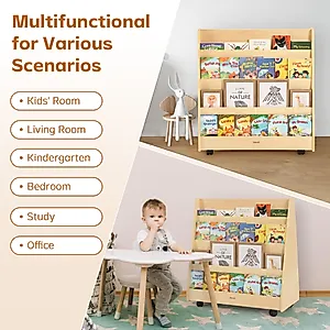 Double-Sided Bookshelf with Wheels, Wooden 4-Layer Toddler Bookshelf, Children's Magazine Storage Shelf, Ideal for Playrooms, Bedrooms, Study Rooms, Living Rooms