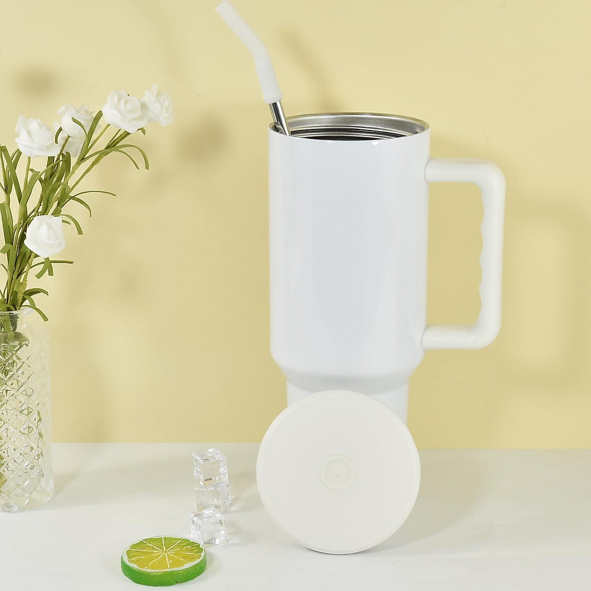 FECBK 40 oz Sublimation Tumbler with Handle and Straw Keeps Cold for 34 Hours Leakproof Double Wall Vacuum Insulated Travel Mug 40 oz Stainless Steel Cup Tumblers Bulk Sublimation Blank White 4 Pack