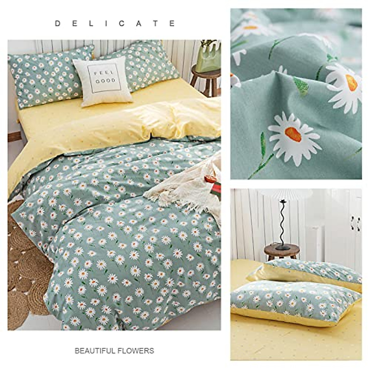 Sage Green Floral Duvet Cover Twin Soft Cotton Bedding Set Daisy Floral Printed on Green Bedding Duvet Cover, Modern Botanical Comforter Set with Zipper Closure
